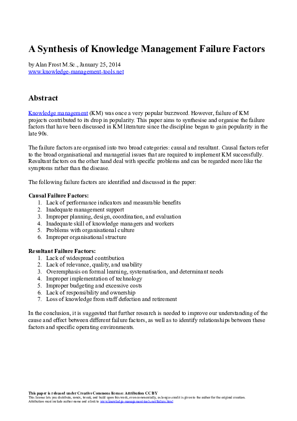(PDF) A Synthesis of Knowledge Management Failure Factors