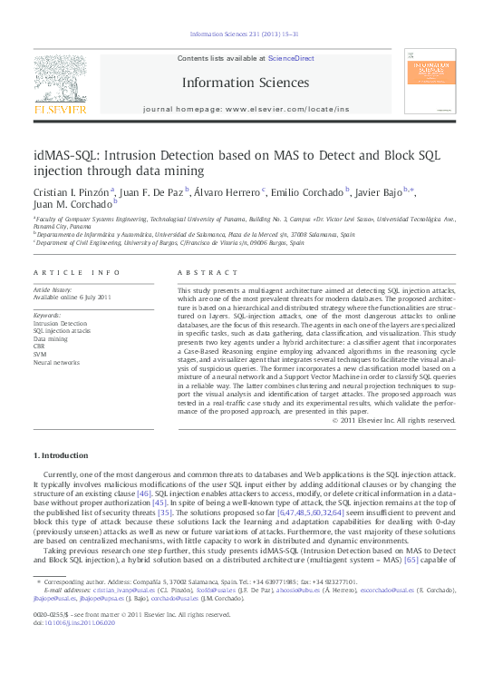 Pdf Idmas Sql Intrusion Detection Based On Mas To Detect And Block Sql Injection Through Data