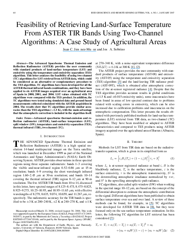 (PDF) Feasibility of Retrieving Land-Surface Temperature From ASTER TIR Bands Using Two-Channel ...
