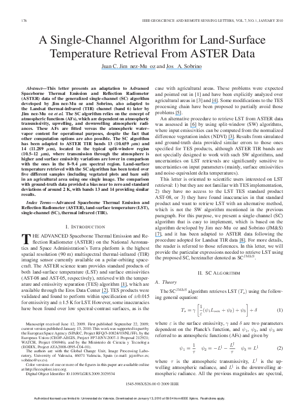 (PDF) A Single-Channel Algorithm for Land-Surface Temperature Retrieval From ASTER Data | José A ...