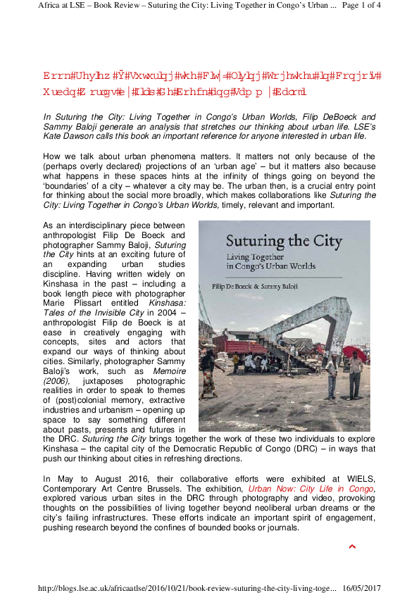 (PDF) Book review of Filip De Boeck & Sammy Baloji 'Suturing the City ...