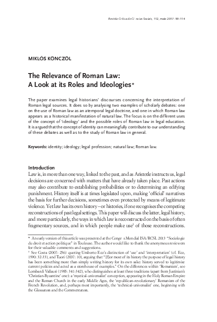 (PDF) The Relevance of Roman Law: A Look at its Roles and Ideologies