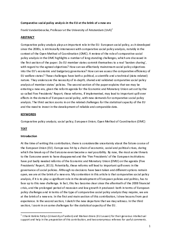 (PDF) Comparative Social Policy Analysis in the EU at the Brink of a ...