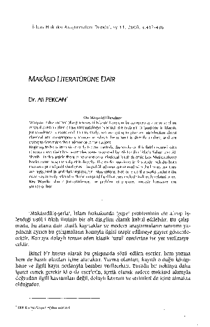 (PDF) İhad_2008.11 Makasıd Literatürü Üzerine / On Maqasıd Literature ...