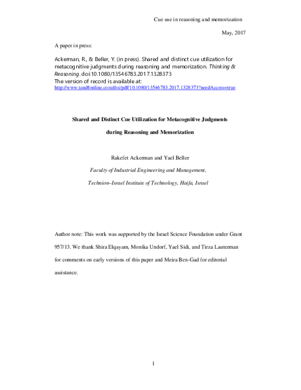 Pdf Shared And Distinct Cue Utilization For Metacognitive Judgments