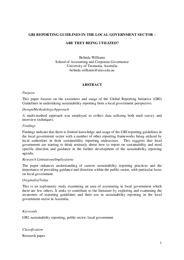 (PDF) Gri Reporting Guidlines in the Local Government Sector – Are They ...