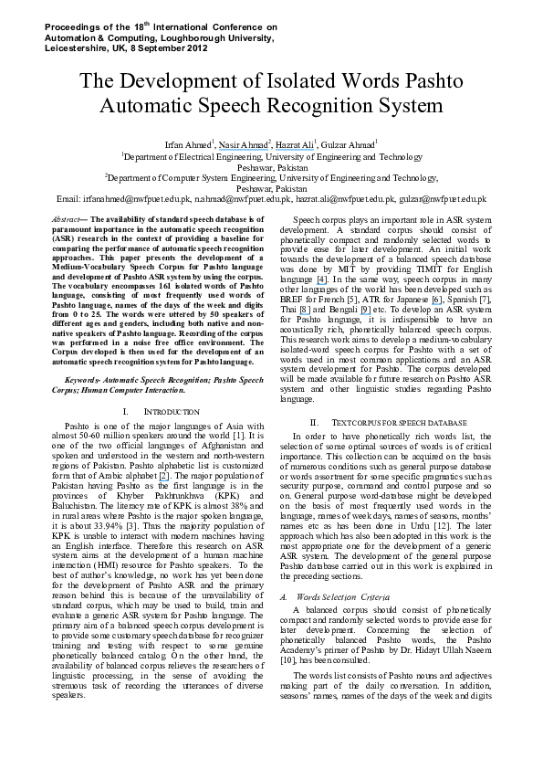 (PDF) The Development of Isolated Words Pashto Automatic Speech Recognition System