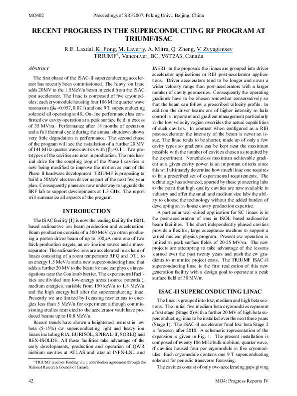 (PDF) Recent progress in the superconducting RF Program at TRIUMF/ISAC
