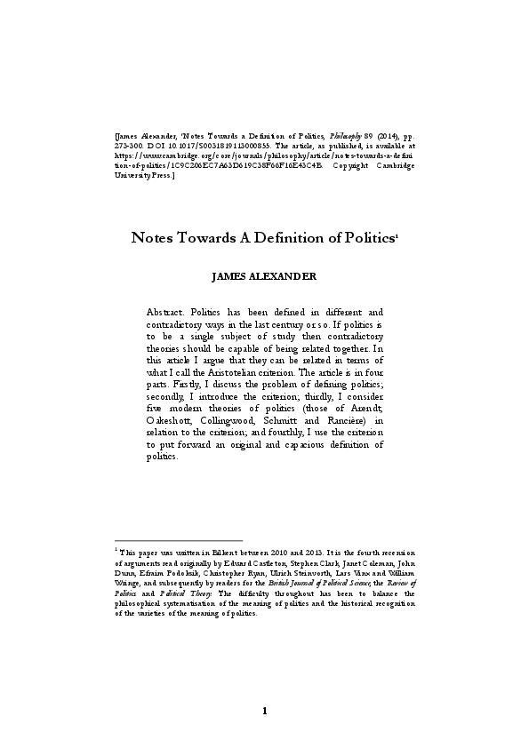 (PDF) Notes Towards A Definition of Politics (Philosophy, 2014)
