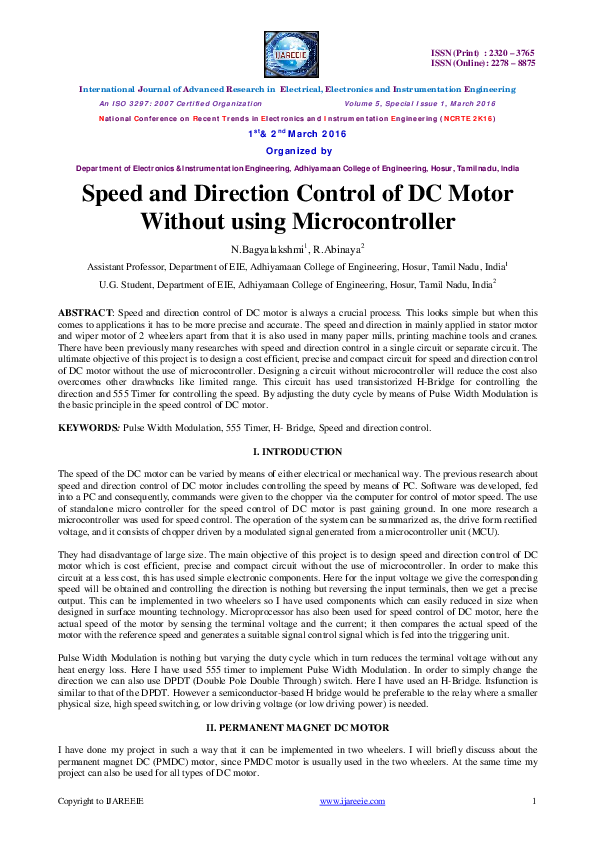 Pdf Speed And Direction Control Of Dc Motor Without Using Microcontroller