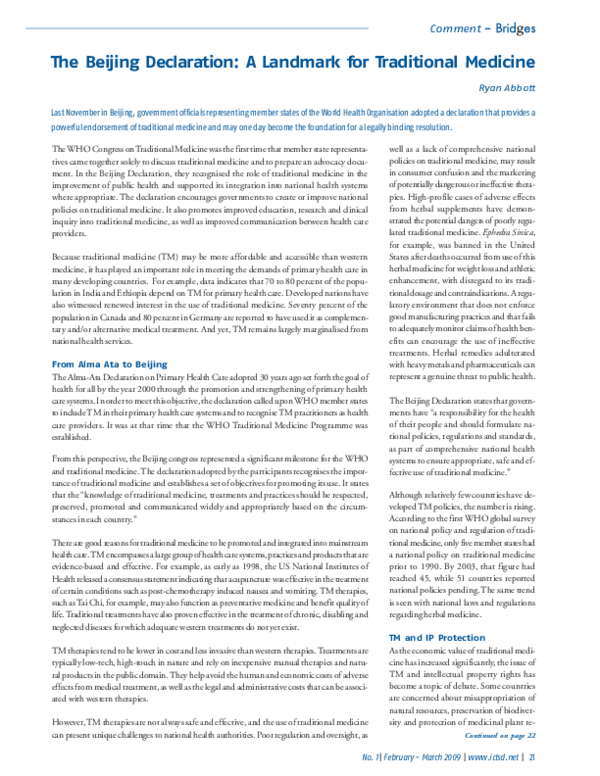 (PDF) The Beijing Declaration: A milestone for traditional medicine