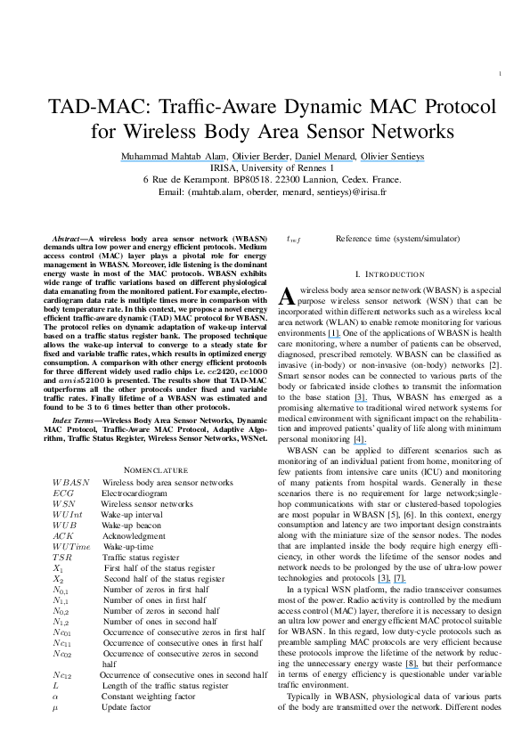 (PDF) TAD-MAC: Traffic-ware dynamic MAC protocol for wireless body area sensor networks
