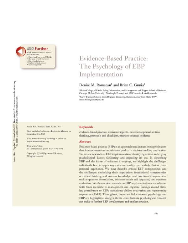 (PDF) Evidence-Based Practice: The Psychology of EBP Implementation