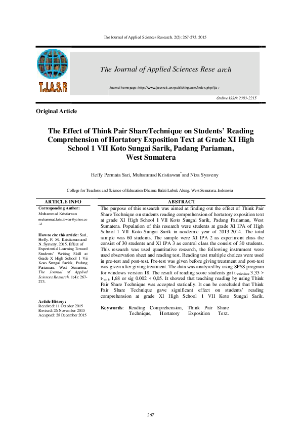 (PDF) The Effect of Think Pair Share Technique on Students' Reading Comprehension of Hortatory ...