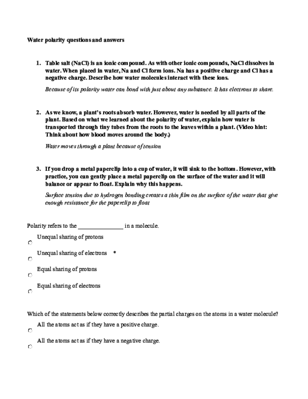 (DOC) Water polarity questions and answers