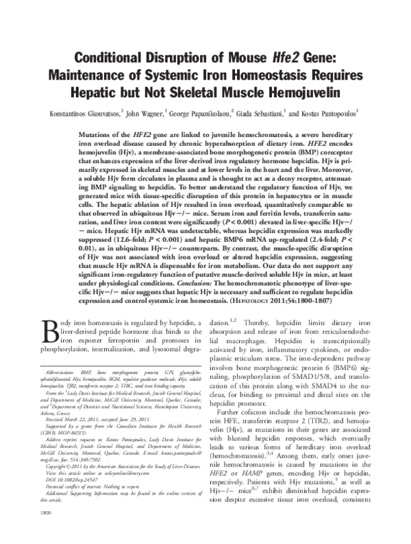 (PDF) Conditional Disruption of Mouse Hfe2 Gene: Maintenance of ...