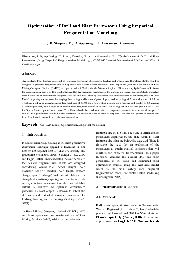 Pdf Optimisation Of Drill And Blast Parameters Using Emperical Fragmentation Modelling