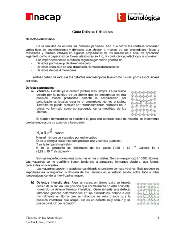 (PDF) Ciencia de los Materiales Guía: Defectos Cristalinos