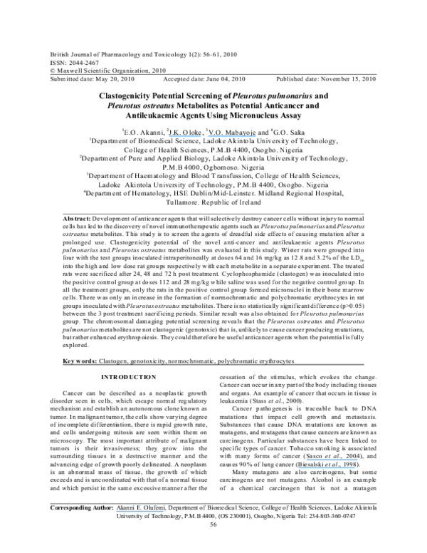 (PDF) Clastogenicity Potential Screening of Pleurotus pulmonarius and ...