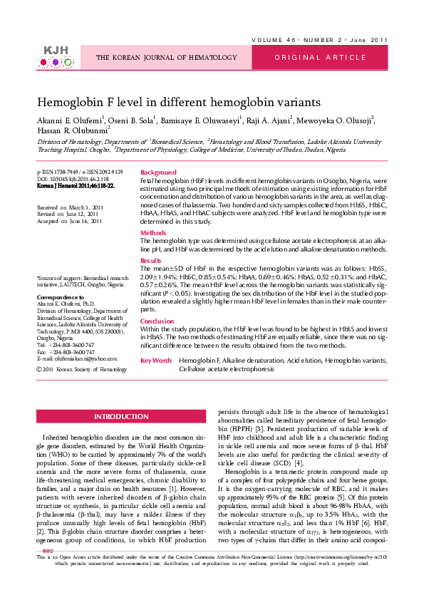 (PDF) Hemoglobin F level in different hemoglobin variants | Olufemi E ... (PDF) Hemoglobin F level in different hemoglobin variants | Olufemi E ...