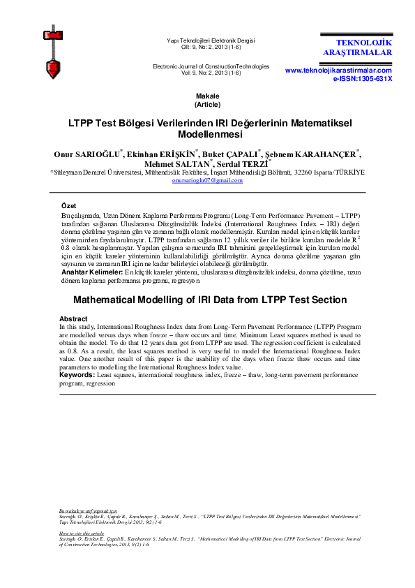 (PDF) LTPP Test Bölgesi Verilerinden IRI Değerlerinin Matematiksel ...