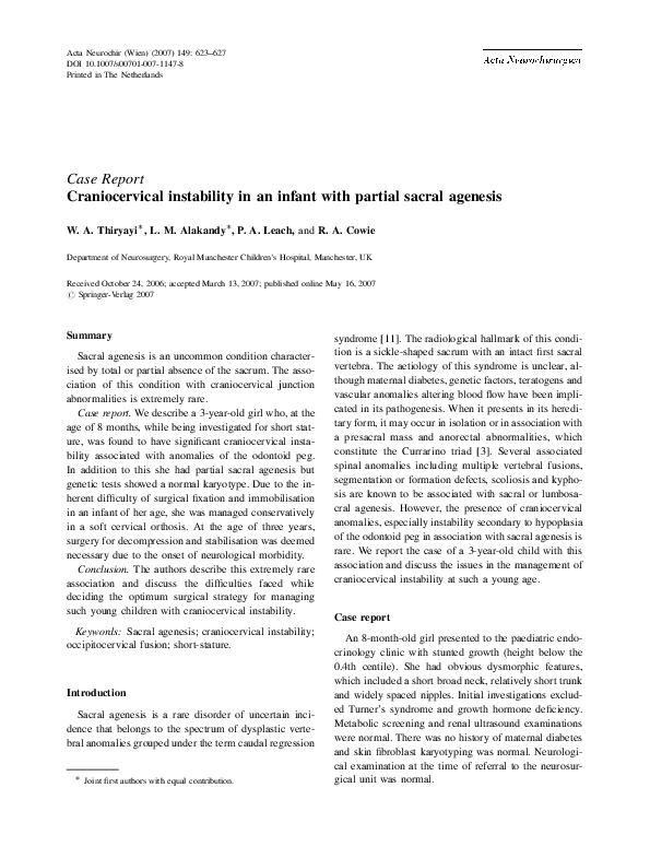 (PDF) Craniocervical instability in an infant with partial sacral agenesis