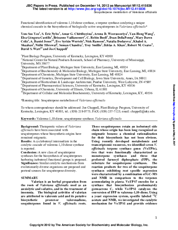 (PDF) Functional Identification of Valerena-1,10-diene Synthase, a ...