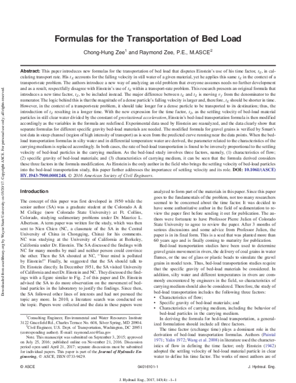 (PDF) Formulas for the Transportation of Bed Load