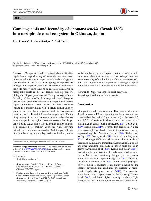 (PDF) Gametogenesis and fecundity of Acropora tenella (Brook 1892) in a ...