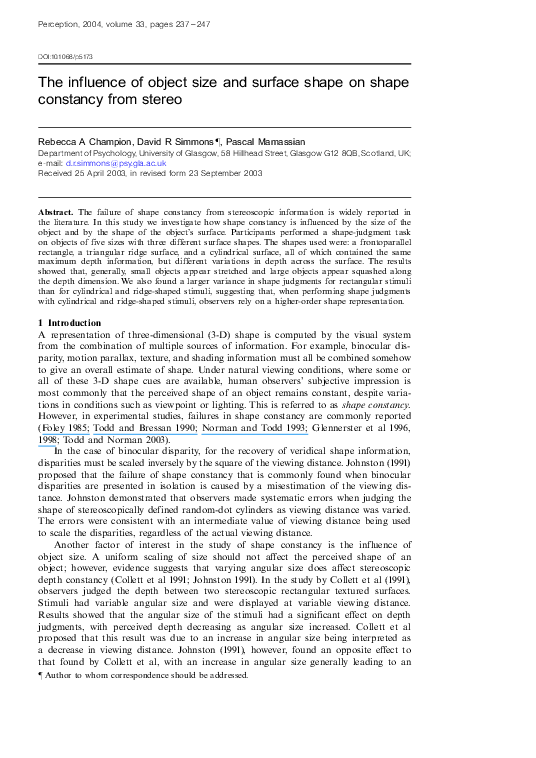 (PDF) The influence of object size and surface shape on shape constancy ...