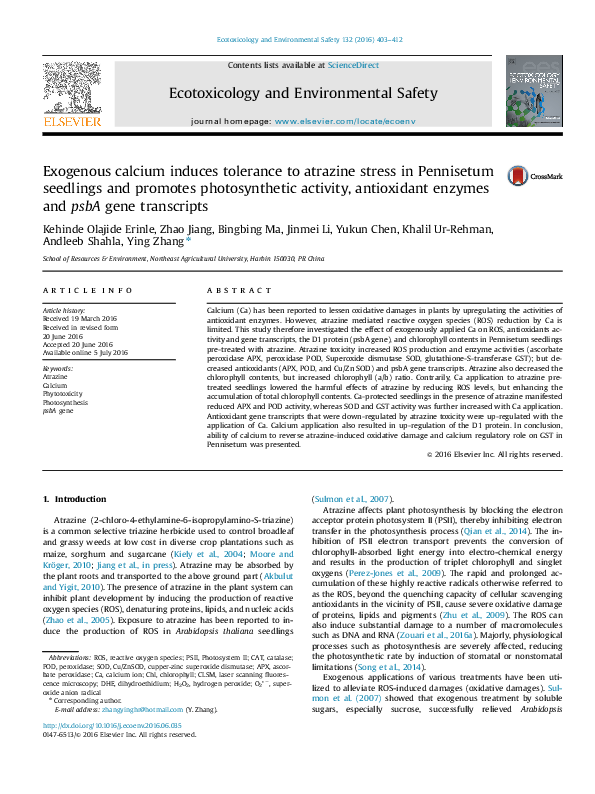 (PDF) Exogenous calcium induces tolerance to atrazine stress in ...