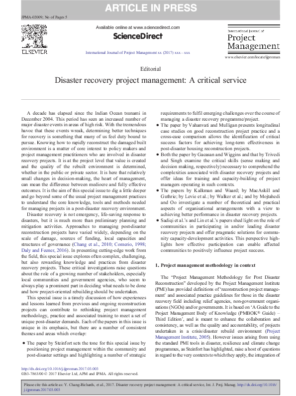 (PDF) Disaster recovery project management: A critical service