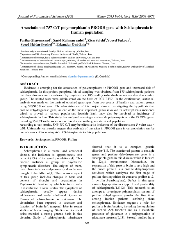 (PDF) Association of 757 C/T polymorphismin PRODH gene with ...