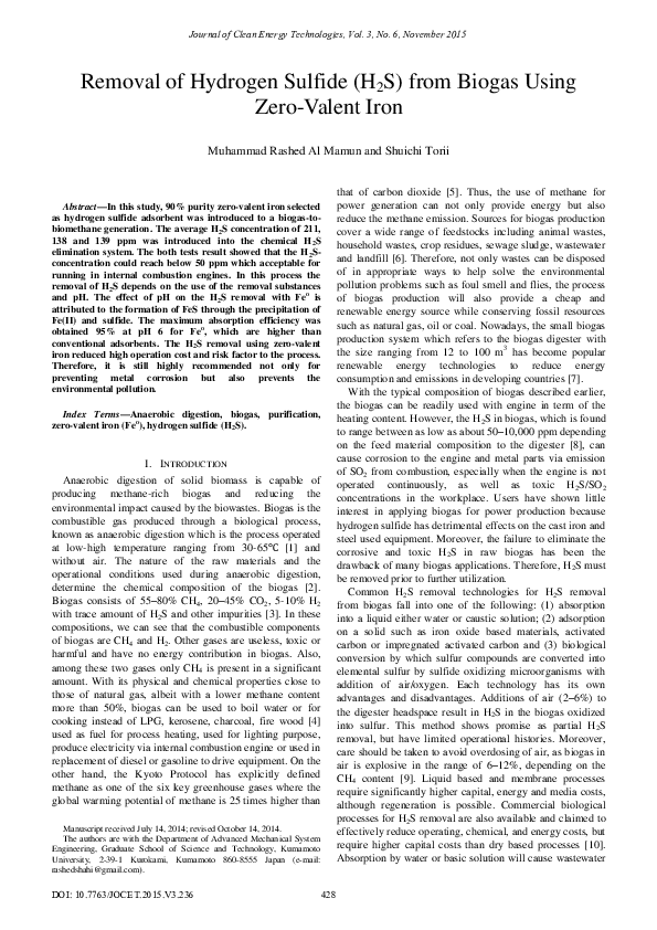 (PDF) Removal of Hydrogen Sulfide H2S from Biogas Using Zero Valent Iron