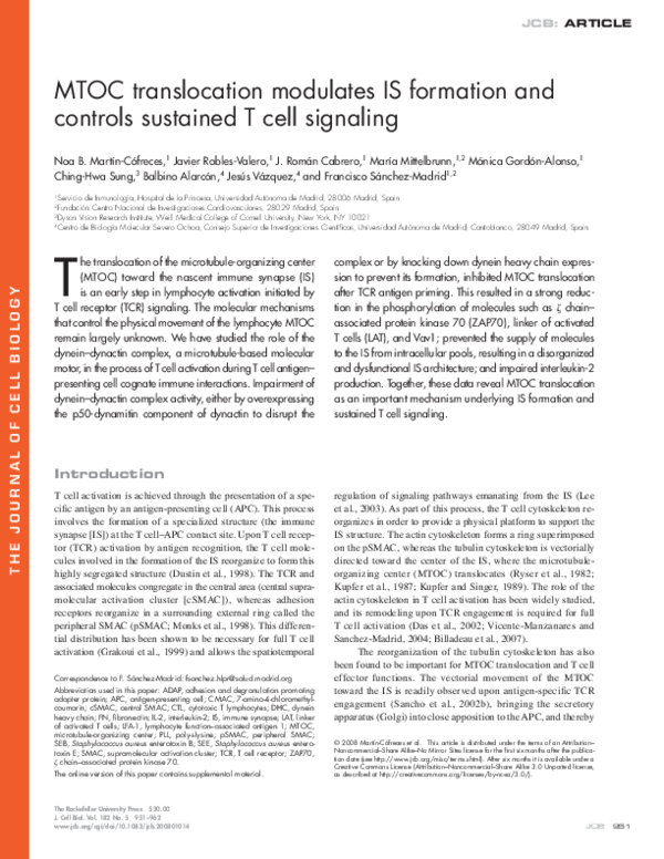 (PDF) MTOC translocation modulates IS formation and controls sustained ...