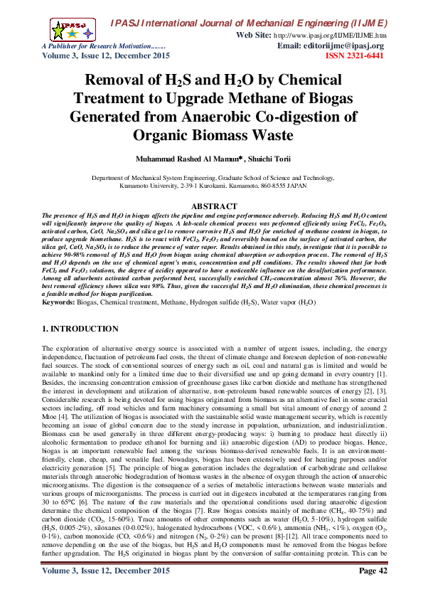 (PDF) Removal of H2S and H2O by Chemical Treatment to Upgrade Methane