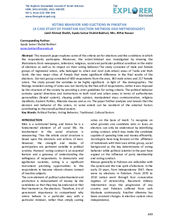 Pdf Voting Behavior And Elections In Pakistan A Case Study Of