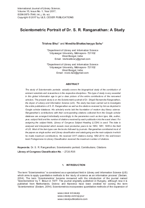 (PDF) Scientometric portrait of Dr. S. R. Ranganathan: A study