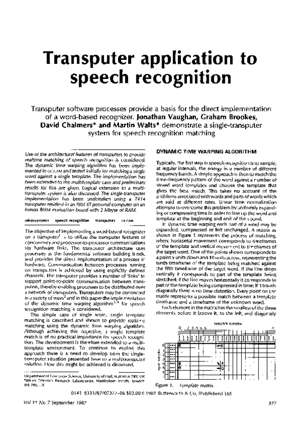 (PDF) Transputer application to speech recognition