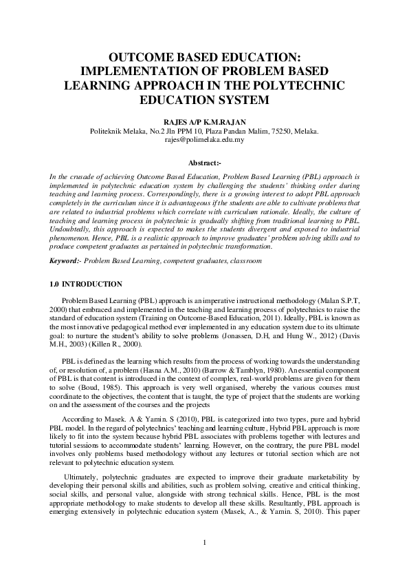 Outcome Based Education Implementation Of Problem Based Learning Approach In The Polytechnic