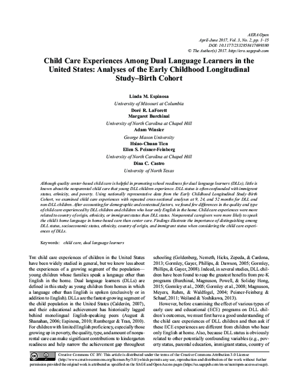 (PDF) Child Care Experiences Among Dual Language Learners in the United ...