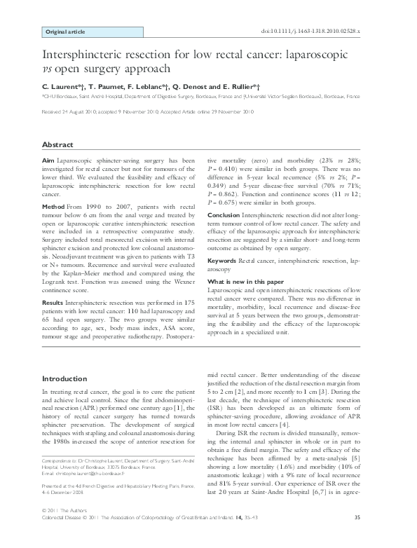 (PDF) Intersphincteric resection for low rectal cancer: laparoscopic vs open surgery approach