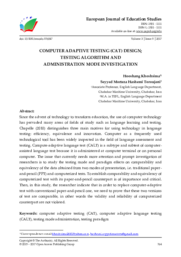 Pdf Computer Adaptive Testing Cat Design Testing Algorithm And