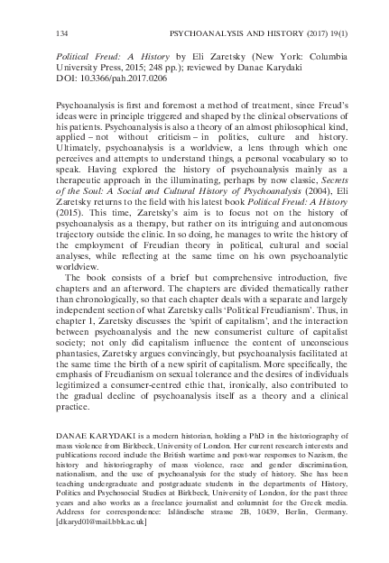 (PDF) Eli Zaretsky, Political Freud: A History (Columbia UP, 2015)