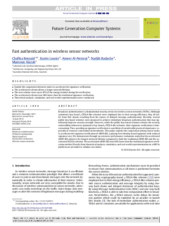 (PDF) Fast authentication in wireless sensor networks | Chafika BENZAID - Academia.edu