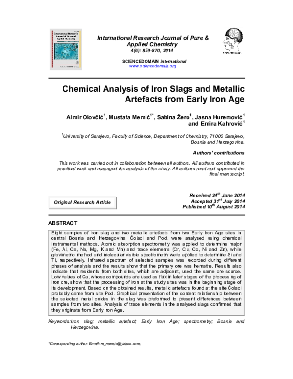 (PDF) Chemical Analysis of Iron Slags and Metallic Artefacts from Early ...