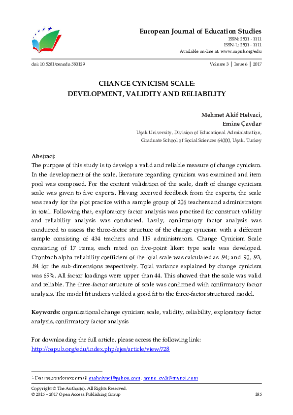 (PDF) CHANGE CYNICISM SCALE: DEVELOPMENT, VALIDITY AND RELIABILITY