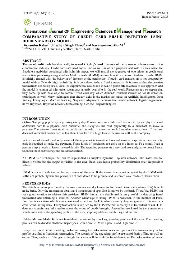 (PDF) COMPARATIVE STUDY OF CREDIT CARD FRAUD DETECTION USING HIDDEN MARKOV MODEL