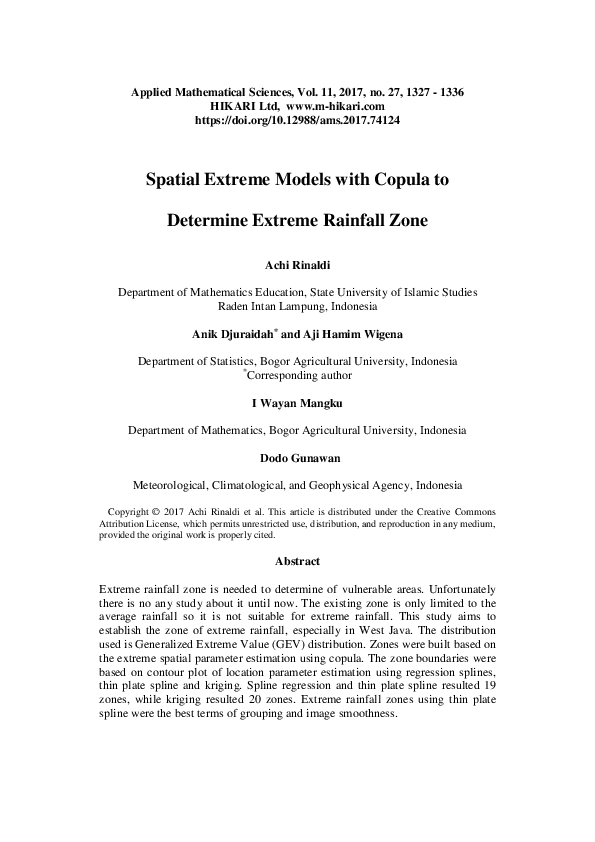 (PDF) Spatial Extreme Models with Copula to Determine Extreme Rainfall Zone