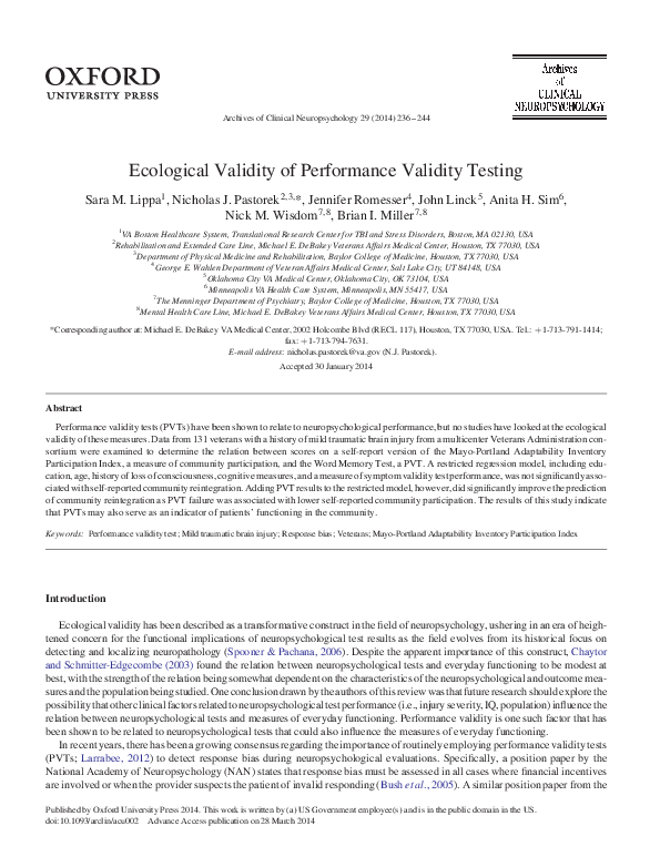 (PDF) Ecological validity of performance validity testing